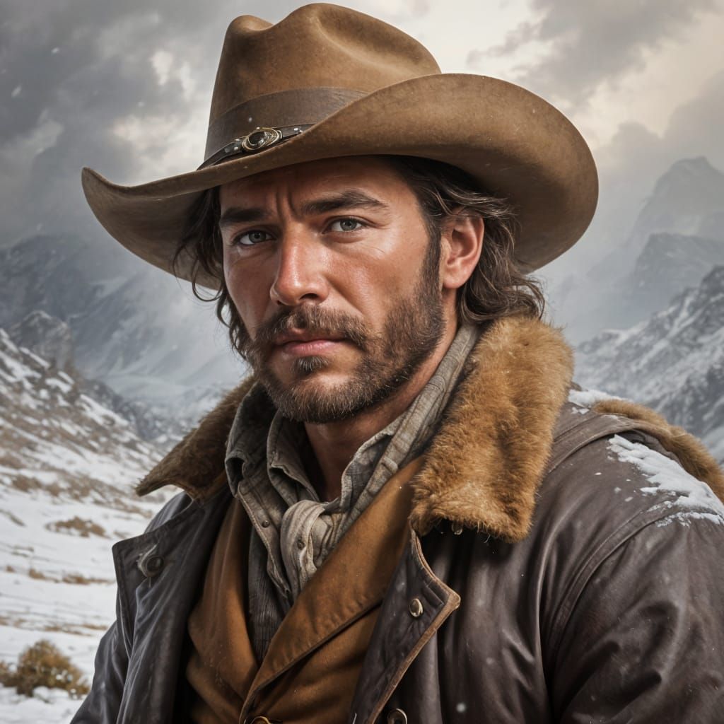 Montana Cowboy - Rugged Cowboy in Montana Snowstorm Landscap...