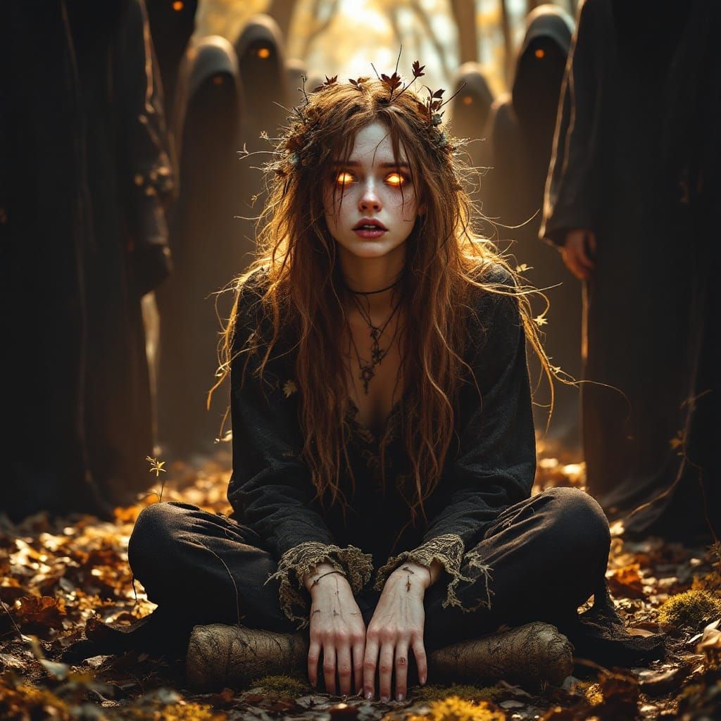 A disheveled young woman with a tangled mess of long wavy brownish red ...