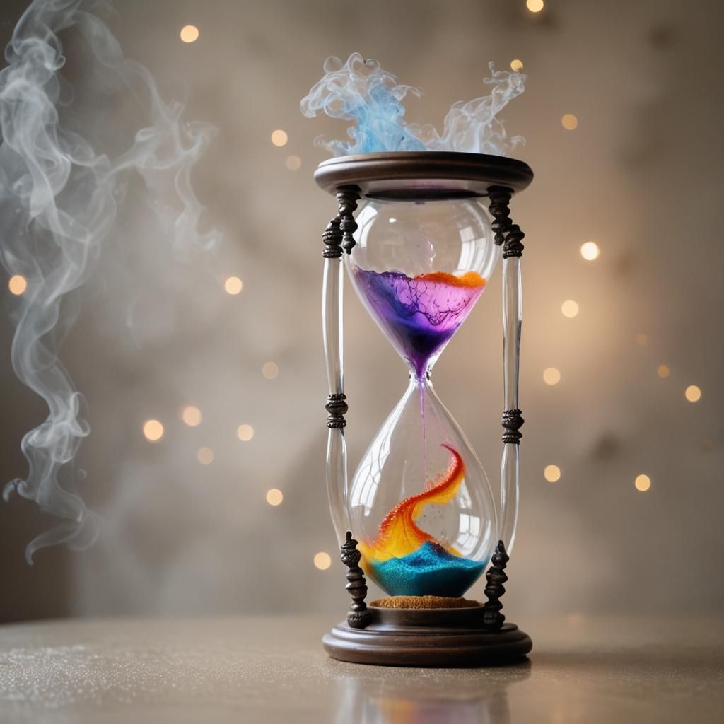 a clear glass spectacular hourglass, the inside is filled with smoke ...