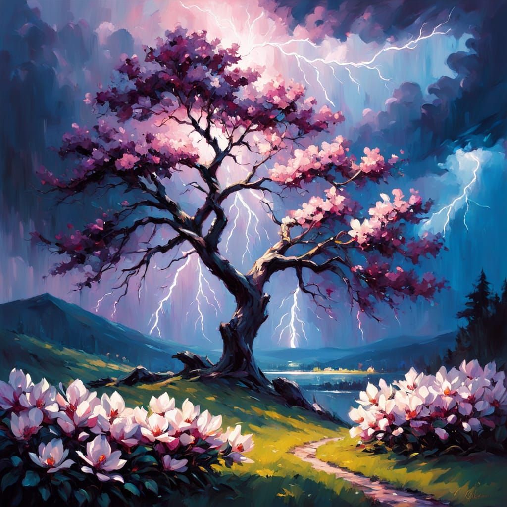 Majestic Magnolia Tree Split by Electric Blue Ligh... - AI Art