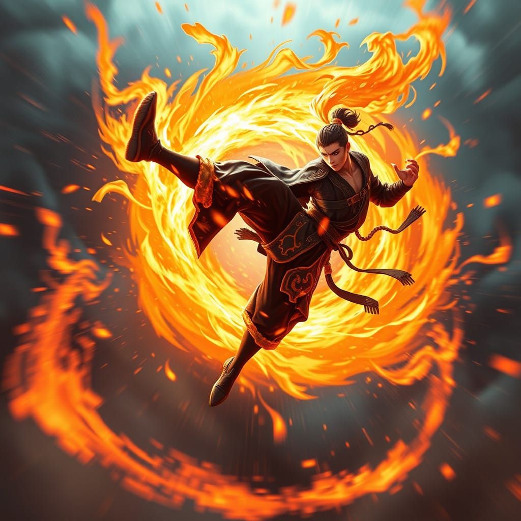 Wukong Unleashes Flawless High Kick in Swirling Fl... - AI Art