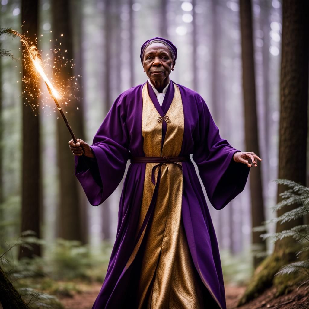 Harrie Tubman wizard leading in dark forest/ purple and gold robe ...