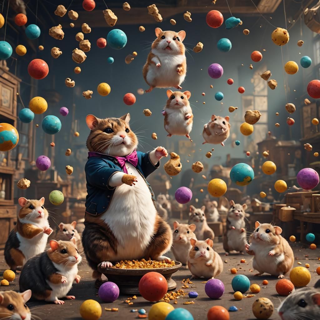 fat cat juggling hamsters - AI Generated Artwork - NightCafe Creator