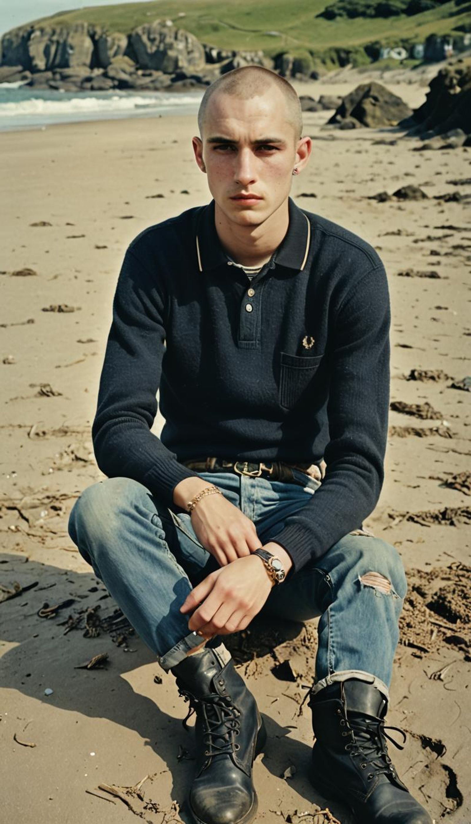 skinhead sitting on a beach in Cornwall - AI Generated Artwork ...