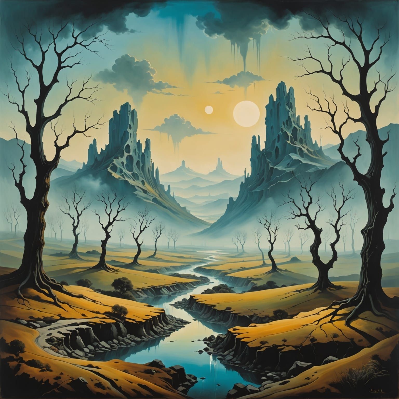 Spooky valley. - Surreal Landscape of a Misty Valley
