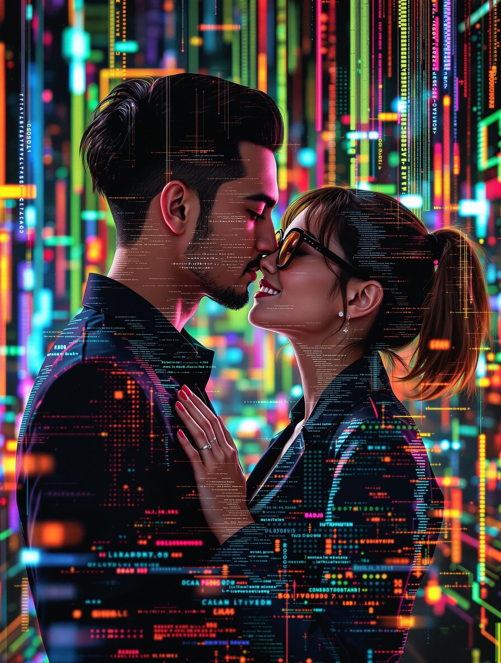 When Codes Collide - Cyberpunk Couple Embrace in Digital Gli...