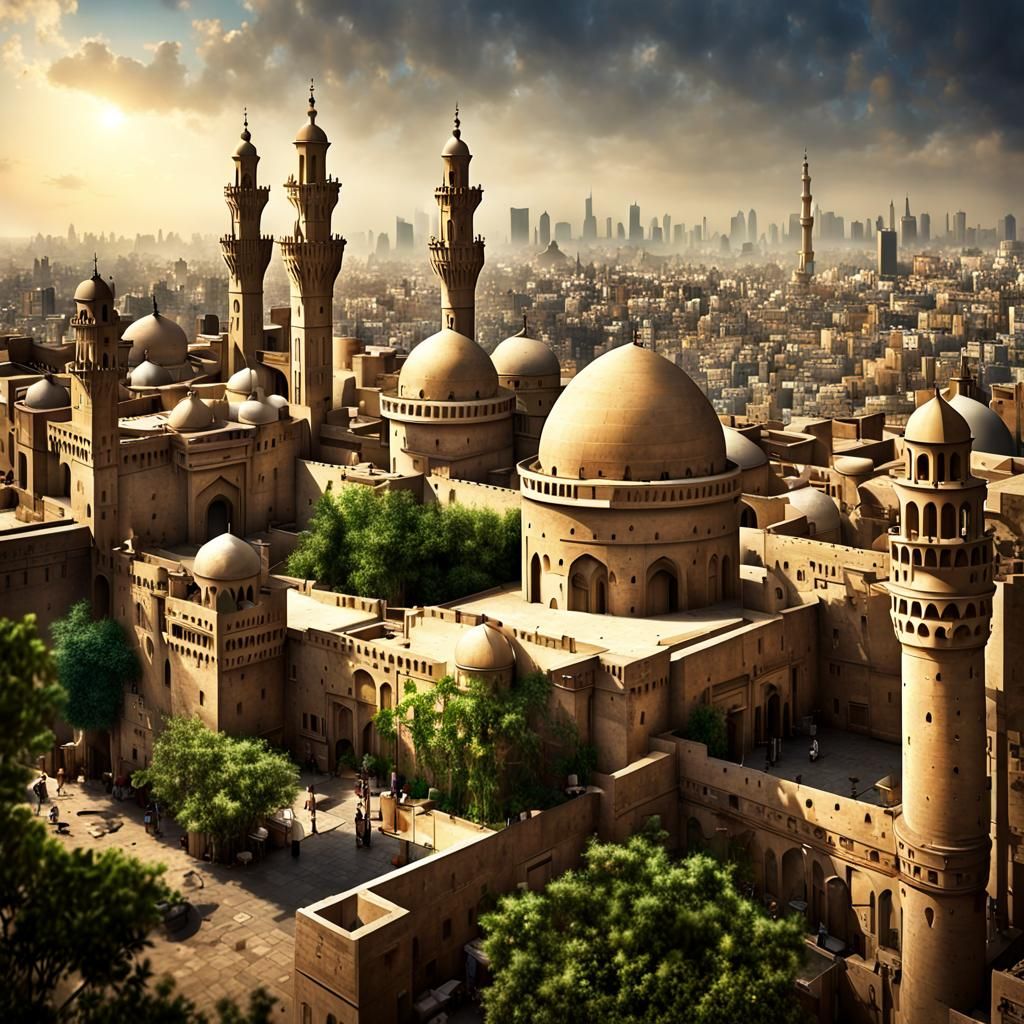 an artistic portrayal of medieval cairo's cityscape with its splendid ...