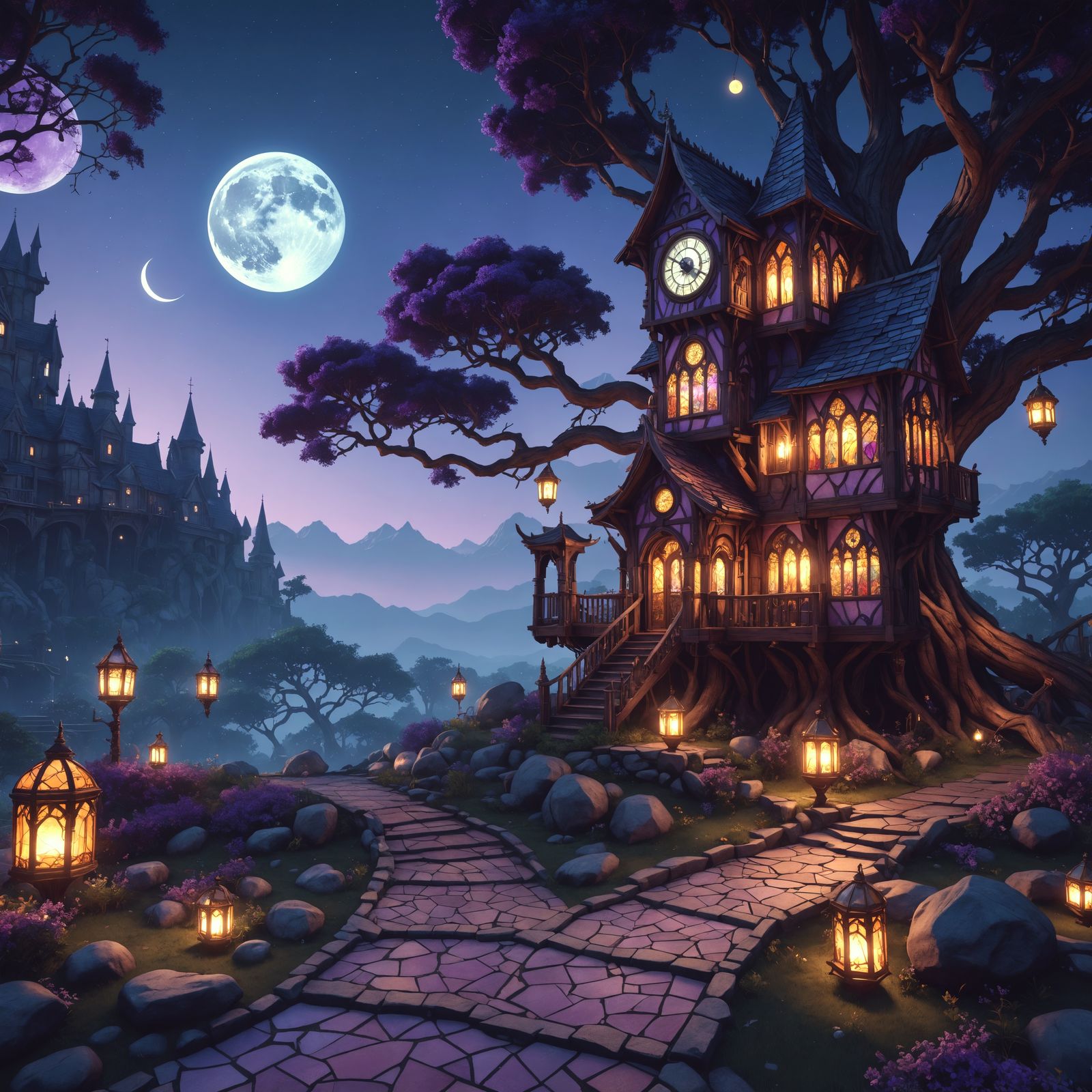 A twilight gothic treehouse castle. - AI Generated Artwork - NightCafe Creator