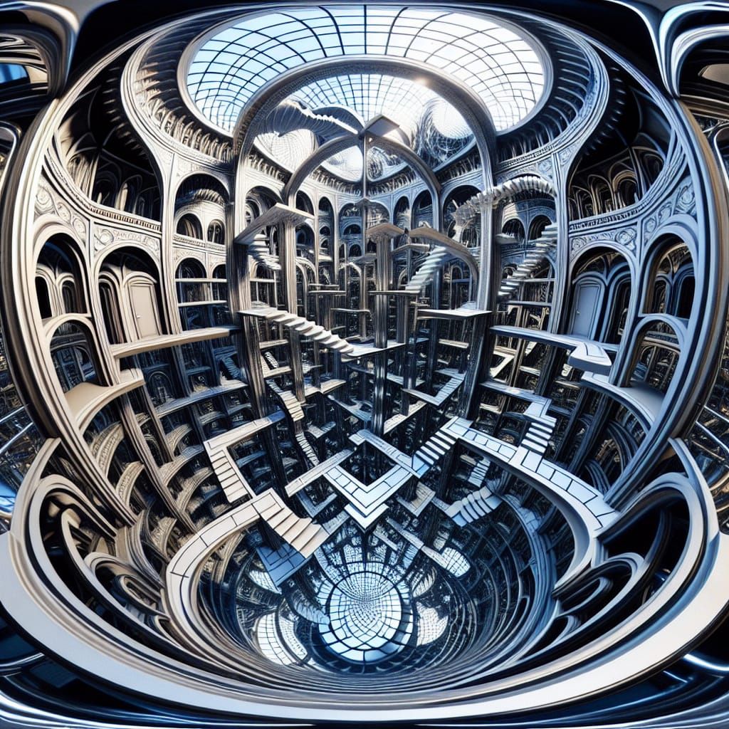 Hall of mirrors, solipsism, M. C. Escher optical illusion, fisheye lens ...