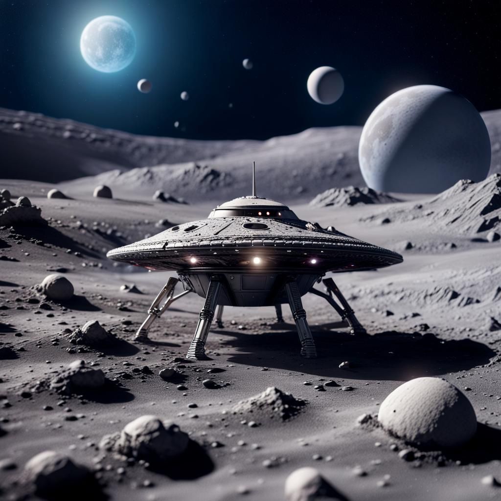 Photograph, Macro, miniature alien spaceship on the moon surface ...