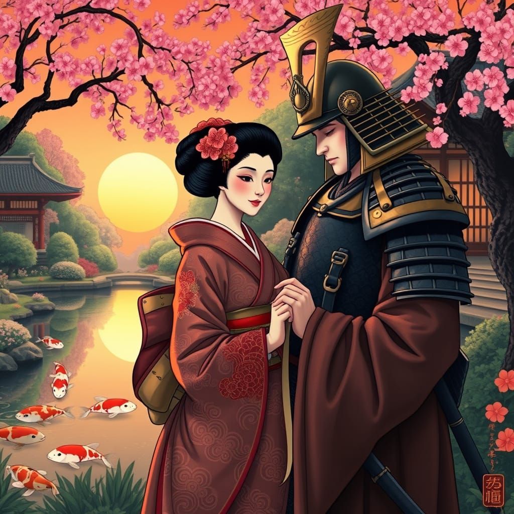 Samurai and Geisha in Tender Japanese Garden Momen... - AI Art