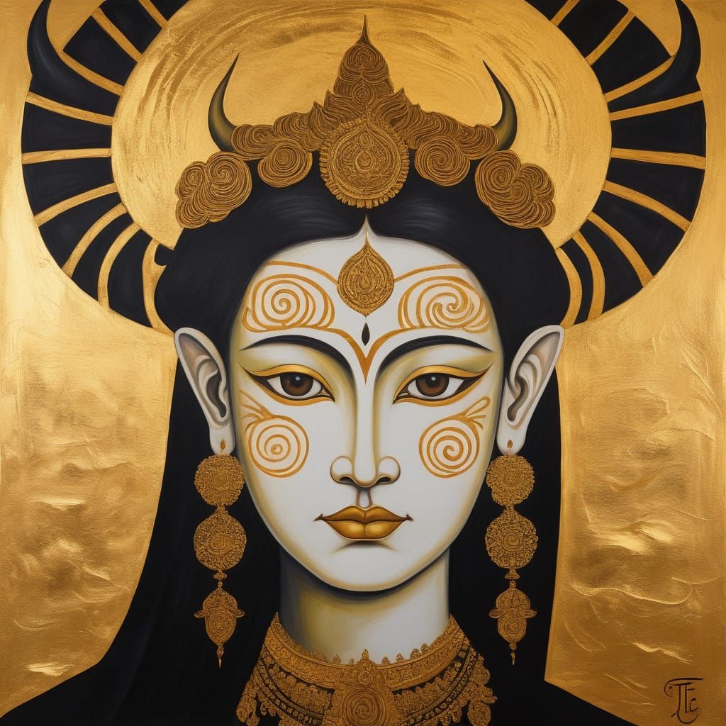 Ethereal Horned Goddess Unveiled in Vibrant Temper... - AI Art