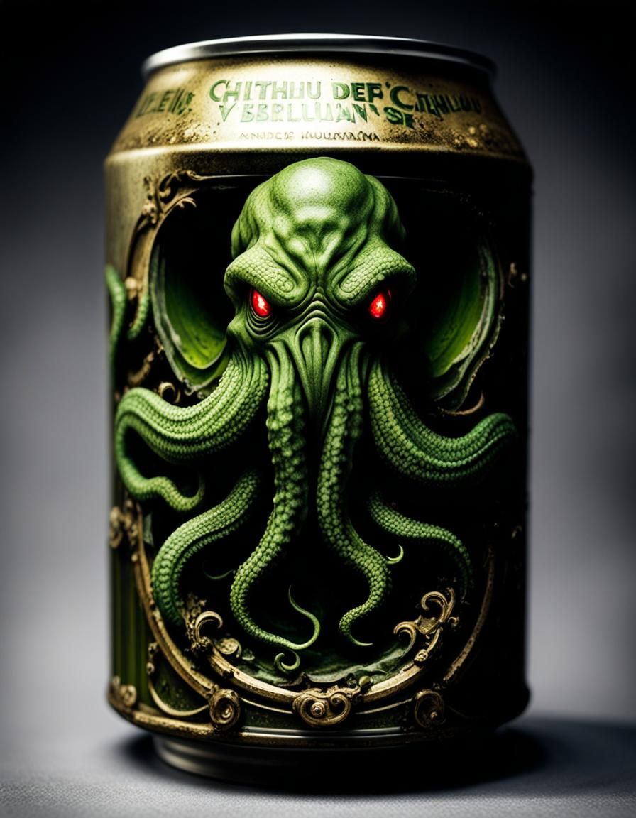 epic shot of a miniature of Cthulhu inside of a can off beer : inspired ...