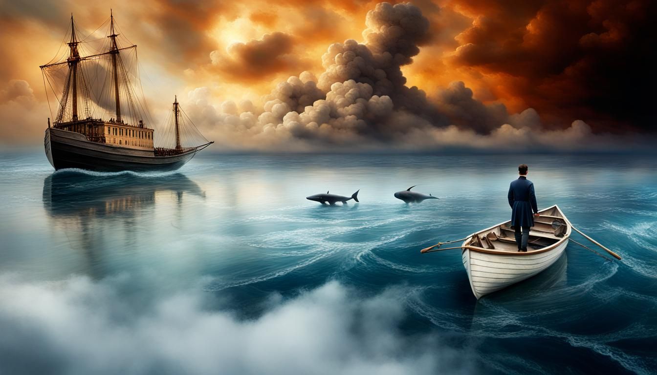 a man standing on a rowboat on ocean and a train comes out of the water ...