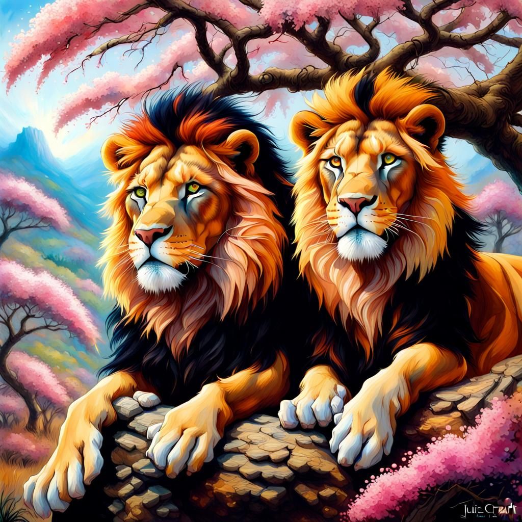 Lions under a Sakura Tree in Africa -- impossible sceneries combined ...