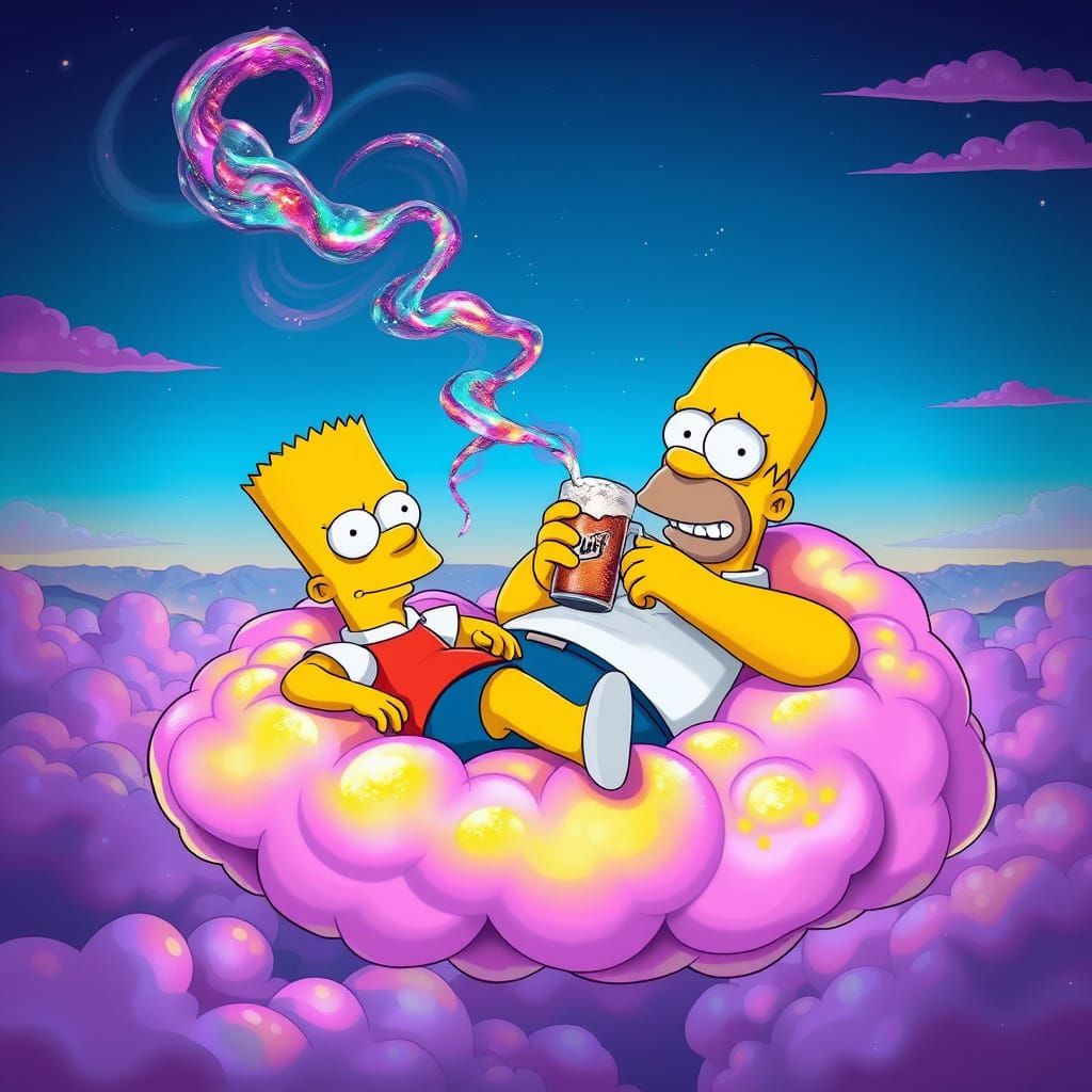 Bart and Homer in Vibrant Cloudscape Relaxation - AI Art