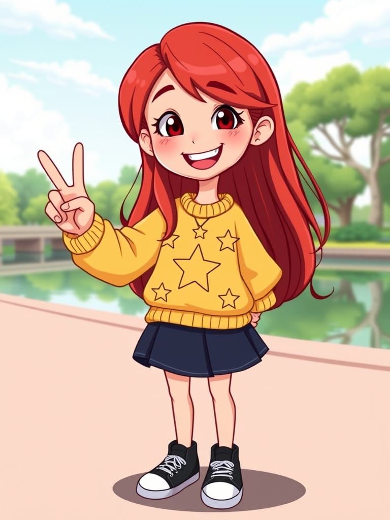 A digital cartoon - Young Girl in Park, Throwing Peace Sign ...