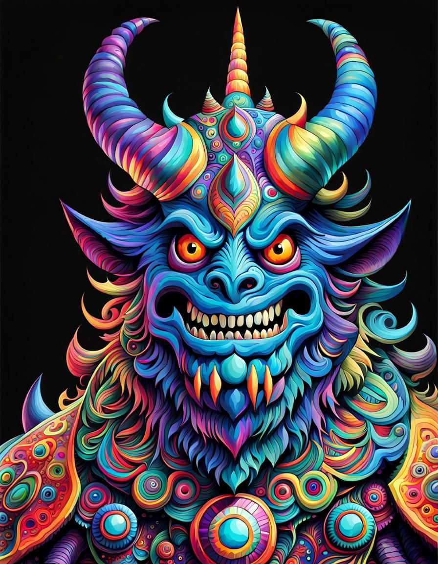 (detailed color painting of a smiling monster with horns, deep eye ...