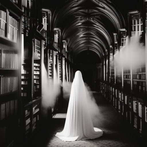 white translucid ghosts floating in the airs in the old library scary ...