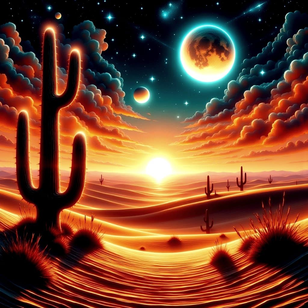 Alien desert with glowing cacti under two suns.