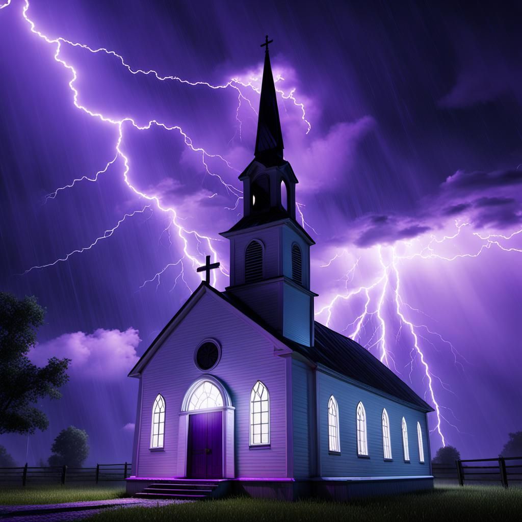 lightning strikes cross on old white church, Glowing lightning plasma ...