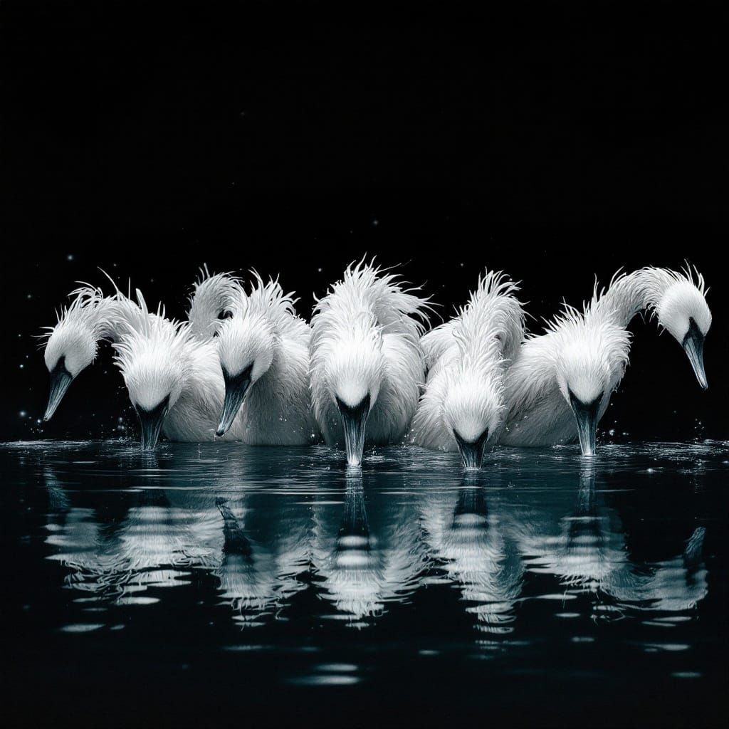 Six oiseaux boivent dans une mare, leur reflet dans l eau sur fond noir