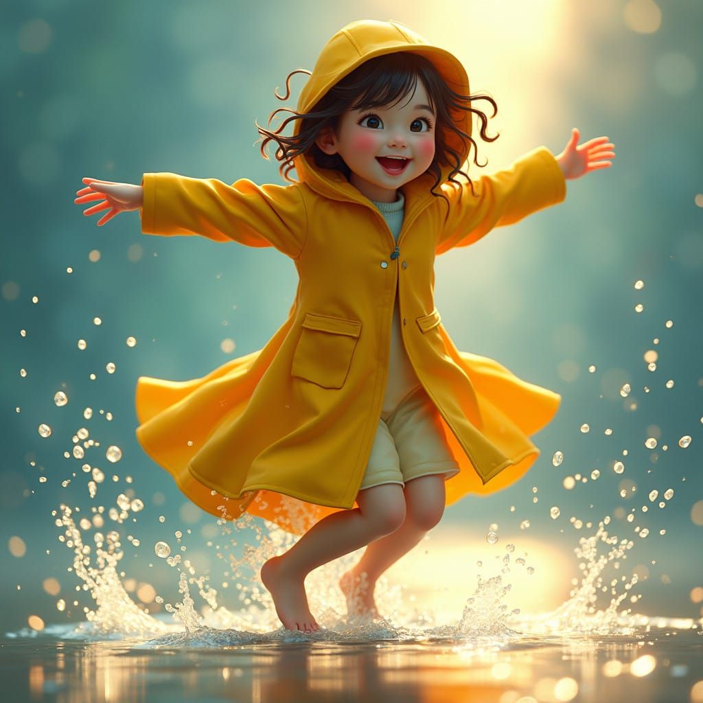 Joyful Woman Leaps Over Puddles in Vibrant Art Nou... - AI Art
