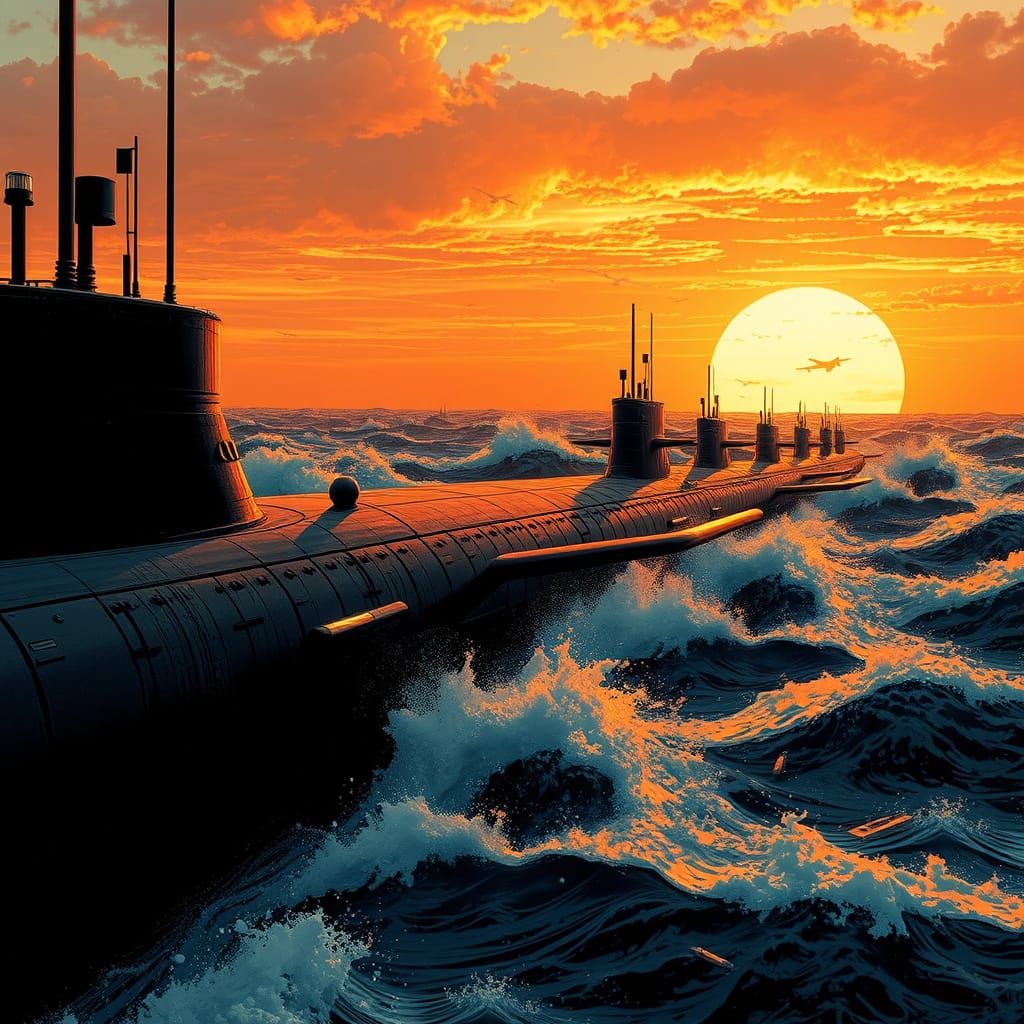 Submarines battle, sunset - Submarine Battle Under Sunset Sk...