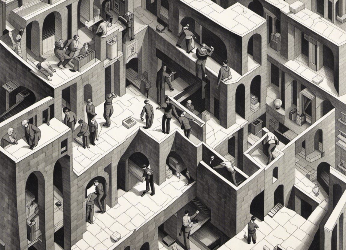 trying to get to class in a building built by MC Escher - AI Generated ...
