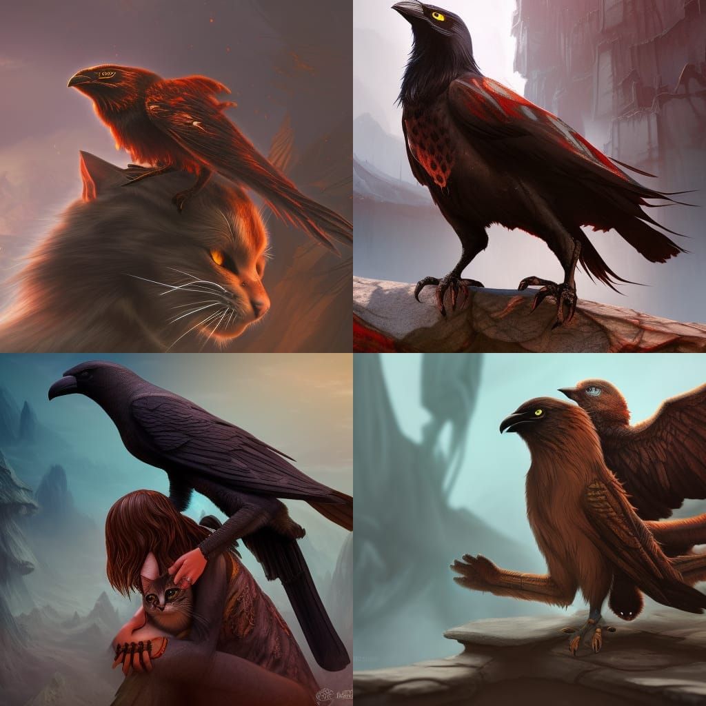 Crow demon embracing a brown tabby cat - AI Generated Artwork ...