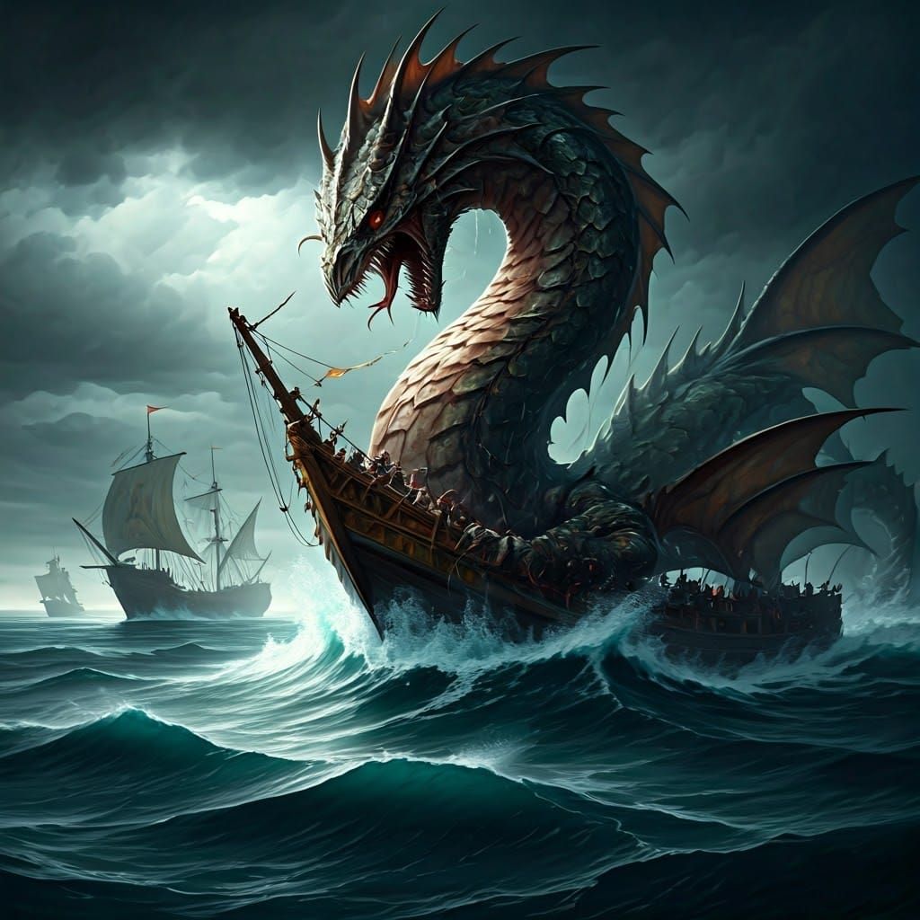 A colossal, serpentine sea monster, its twisted, gnarled body a mass of ...