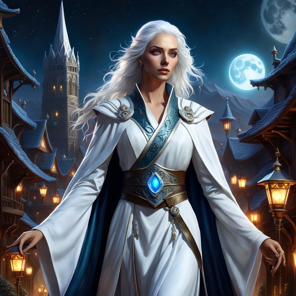 full body Portraot, D&D Aasimar, bright glowing eyes, Blue eyes, Healing Cleric, white Robe ...