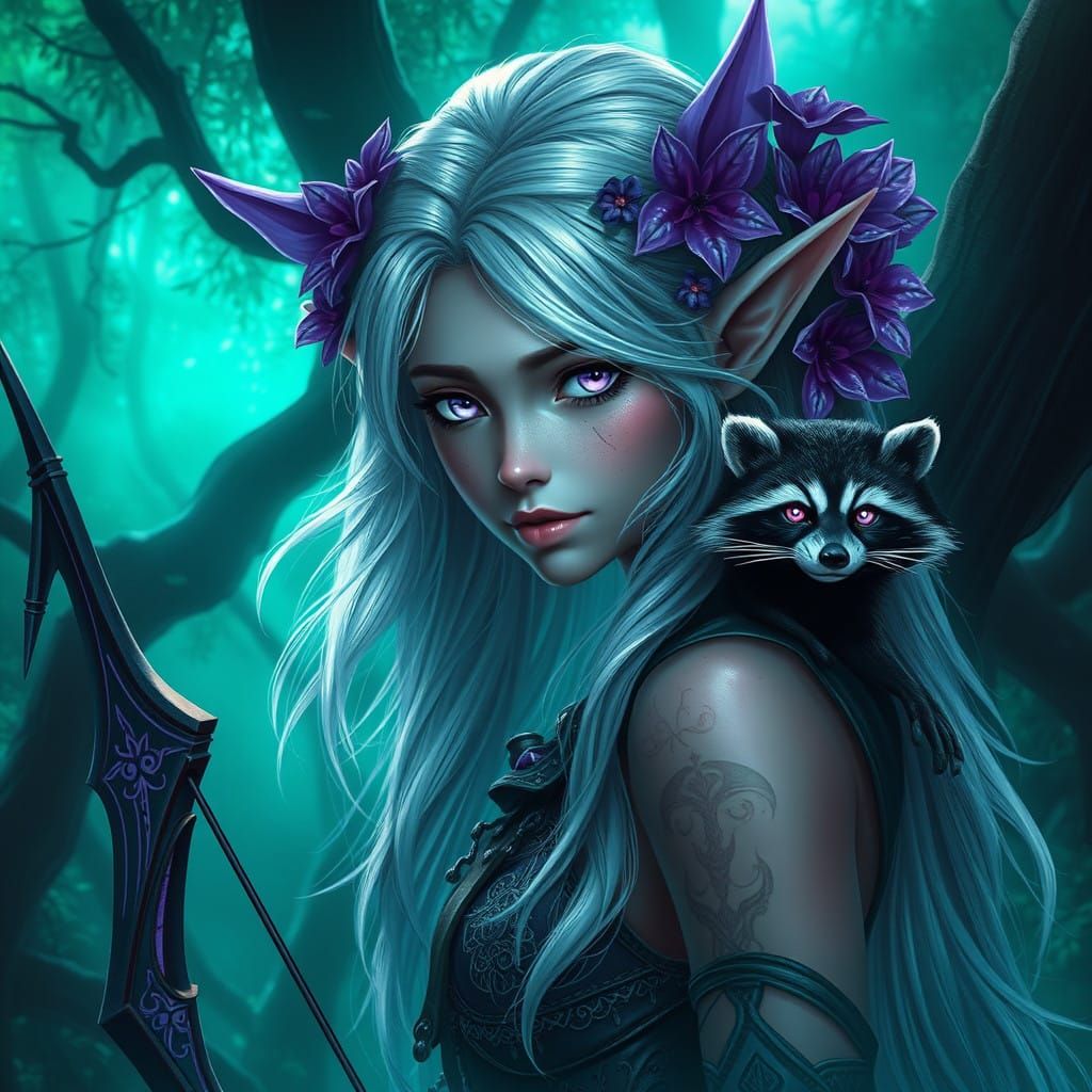 Mystical Dark Elf Ranger in Emerald Twilight - AI Art