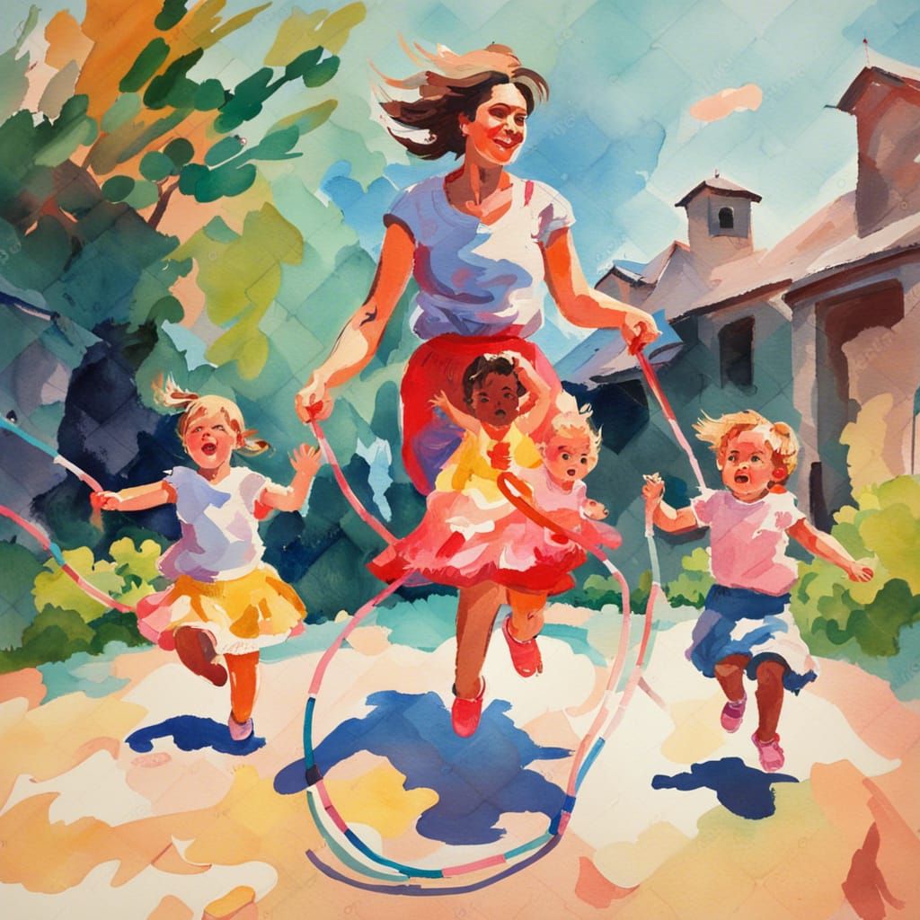 mom playing jump rope with her children - AI Generated Artwork ...