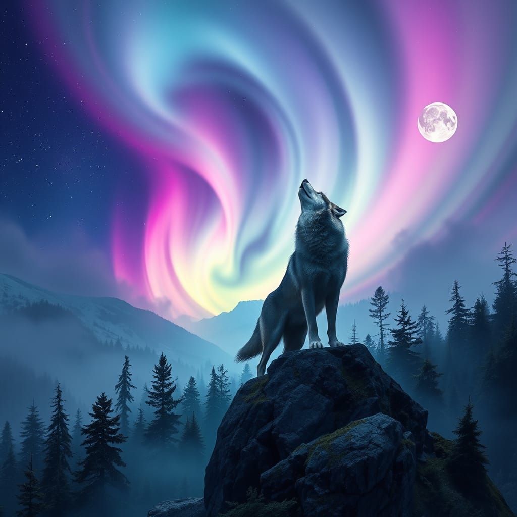 "Wolf howling on the starlight, dreamy ultra wide shot, atmospheric ...