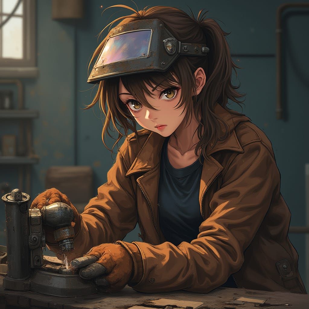 Machinist - Anime Woman in Leather Jacket, Welding Mask Lift...