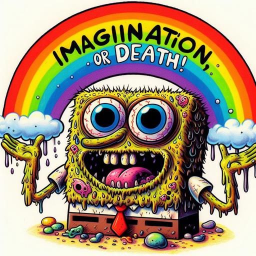 A grubby looking spongebob creating a rainbow saying "imagination or ...