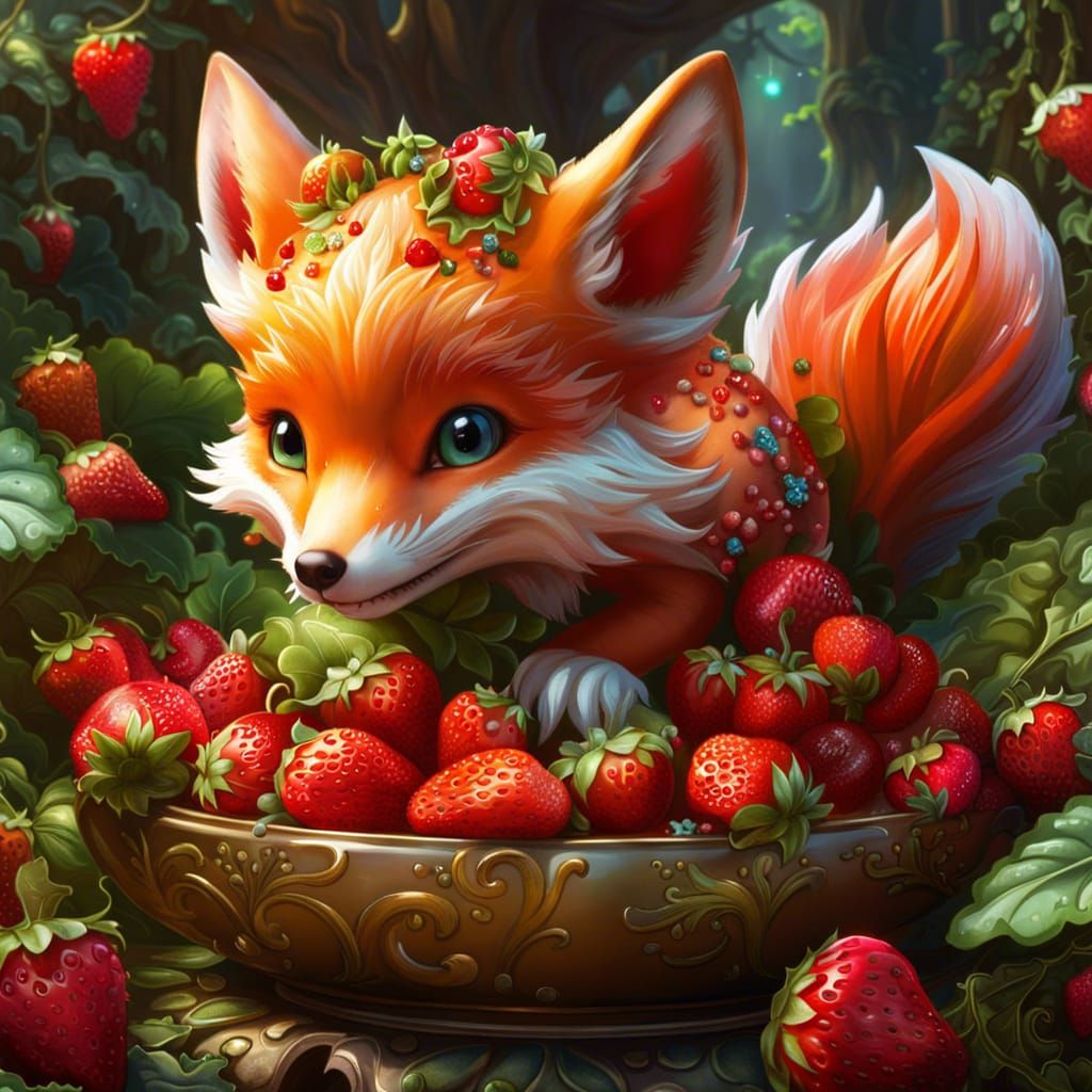 baby fox eating strawberries - AI Generated Artwork - NightCafe Creator