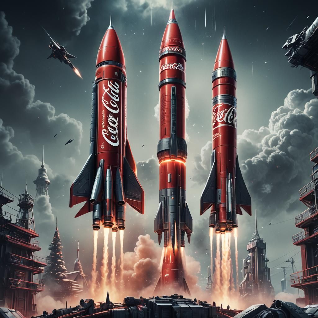 "In the 2020´s: 2 Red Coca Cola Starship Rockets , COKE in BOLD LETTERS on the side of Ships ...