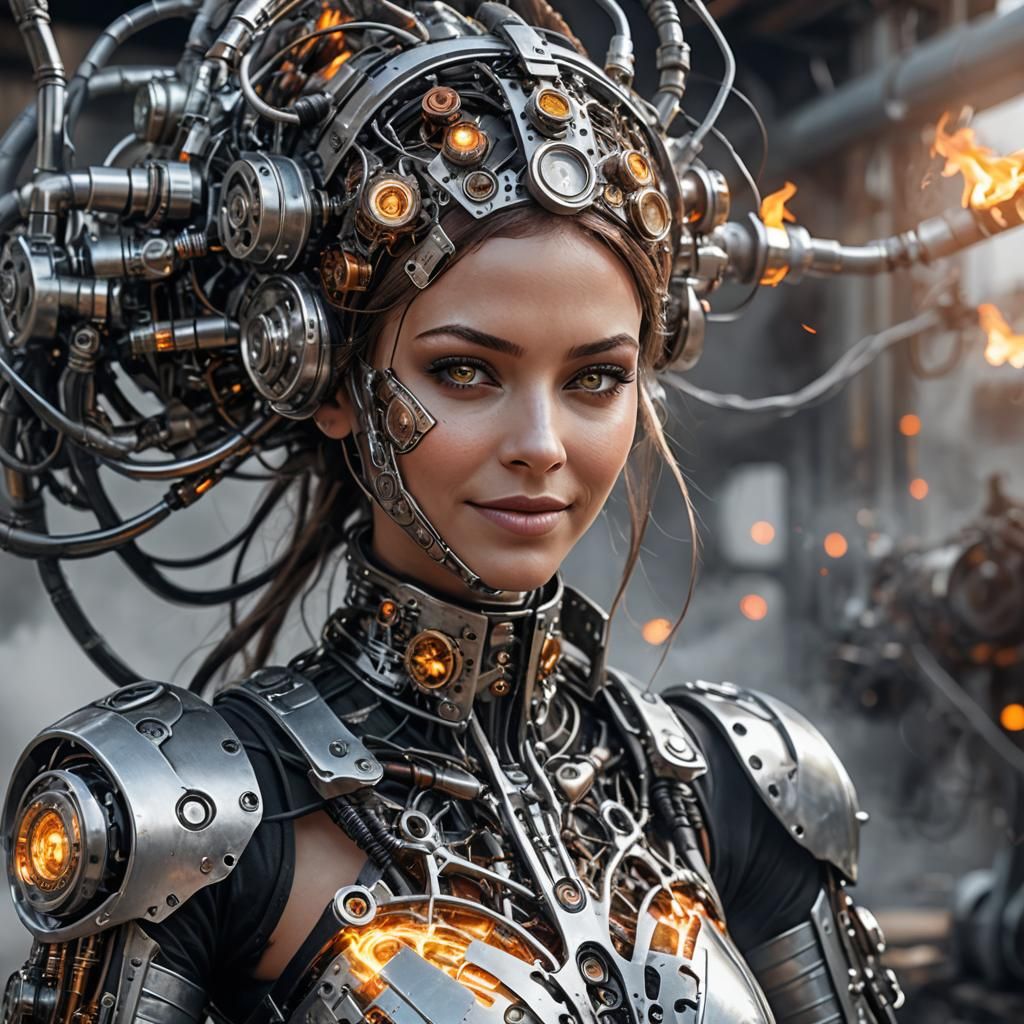 A steampunk humanoid cyborg girl made of circuits, gears, cables etc dressed in sylver latex who ...
