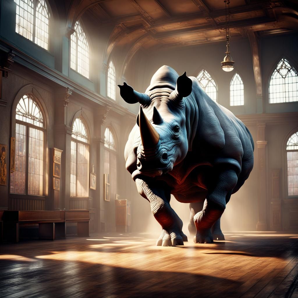 Scary, giant rhino in school hall chasing me - AI Generated Artwork ...