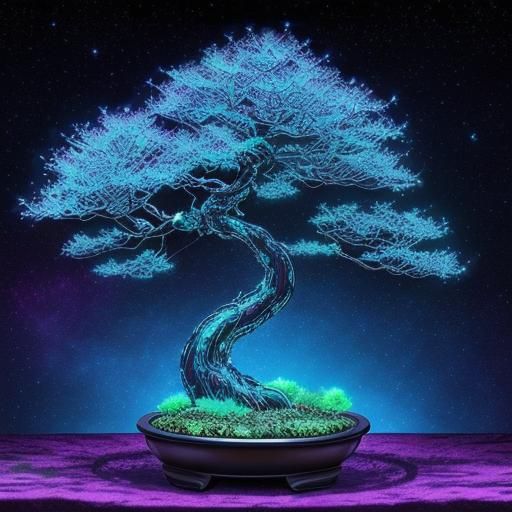 Transparent bioluminescent fractal bonsai trees. Luminous opalescent ...