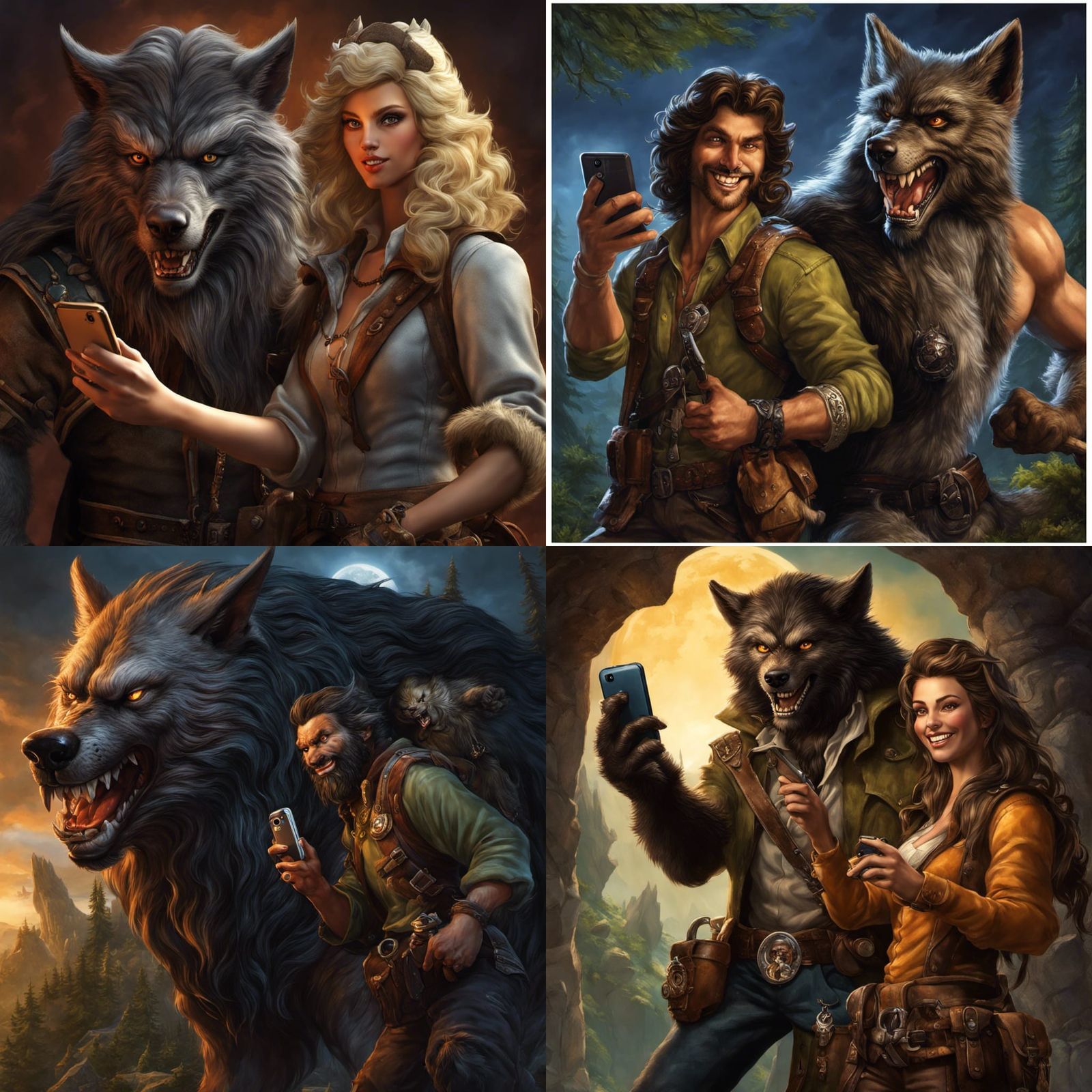 An adventurer, holding a smartphone takes a selfie with a Werewolf by ...
