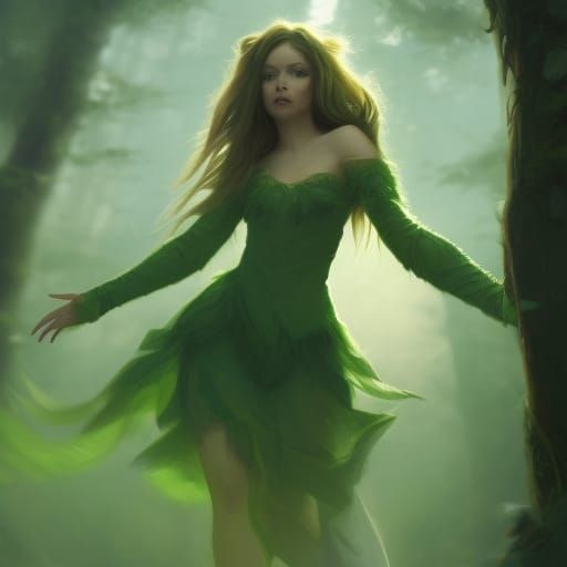 Realistic pixie in green dancing in the woods, sharp focus, electric ...