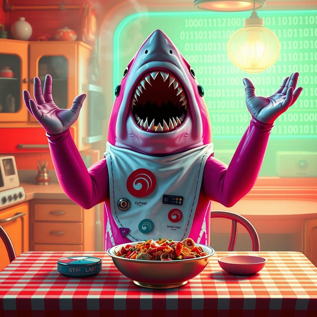 A pink shark with a large mouth, sharp teeth, long arms and legs ...