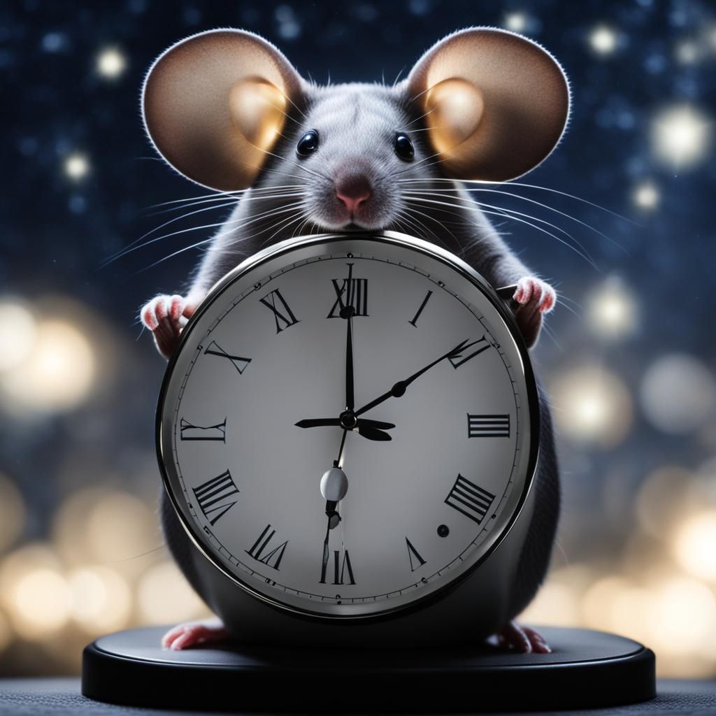 Photograph, hyperrealistic, a Large Mouse holding a digital clock with ...