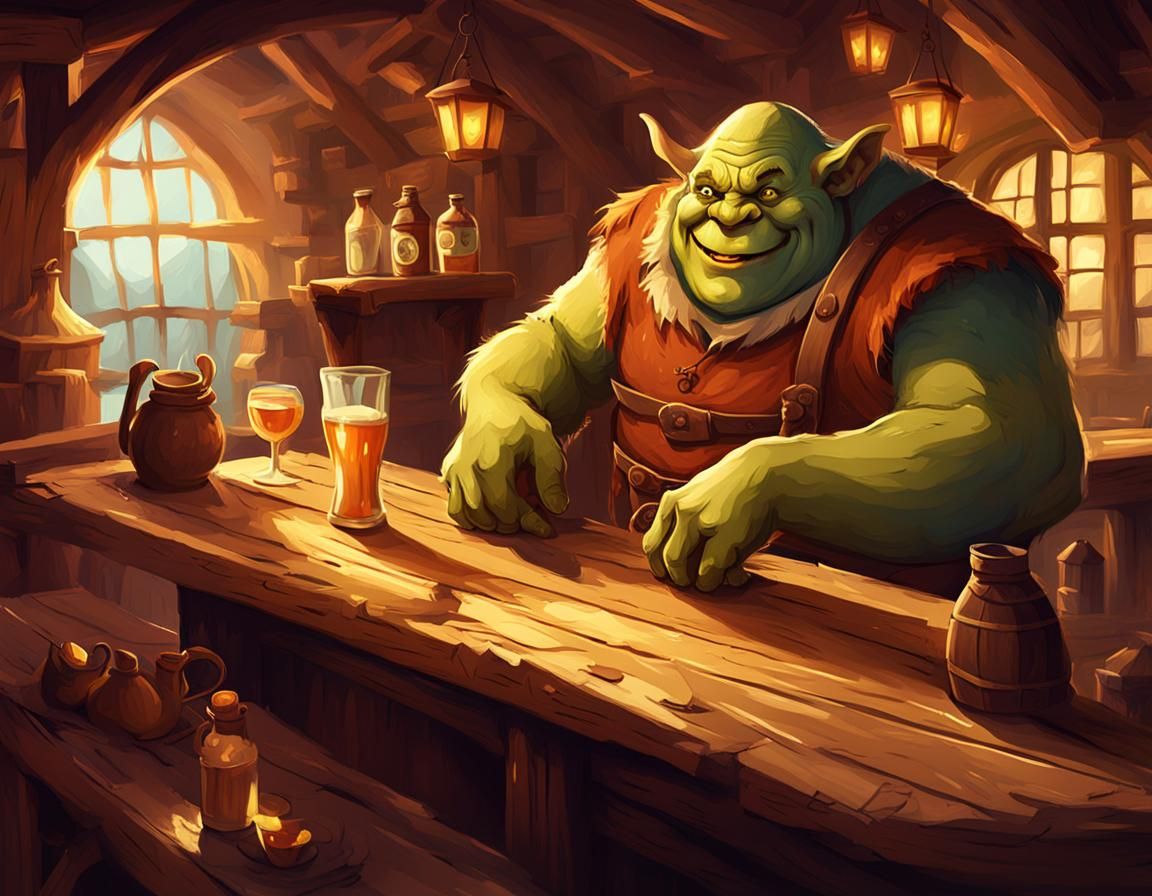 friendly ogre in tavern warm colors digital art sunny fantasy - AI ...