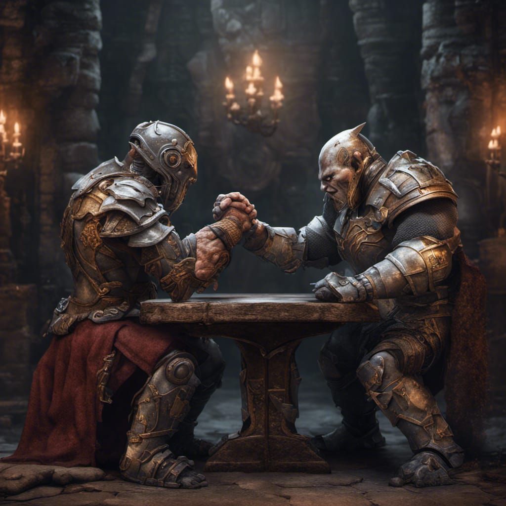 Arm wrestling between a warforged and a dwarf - AI Generated Artwork - NightCafe Creator