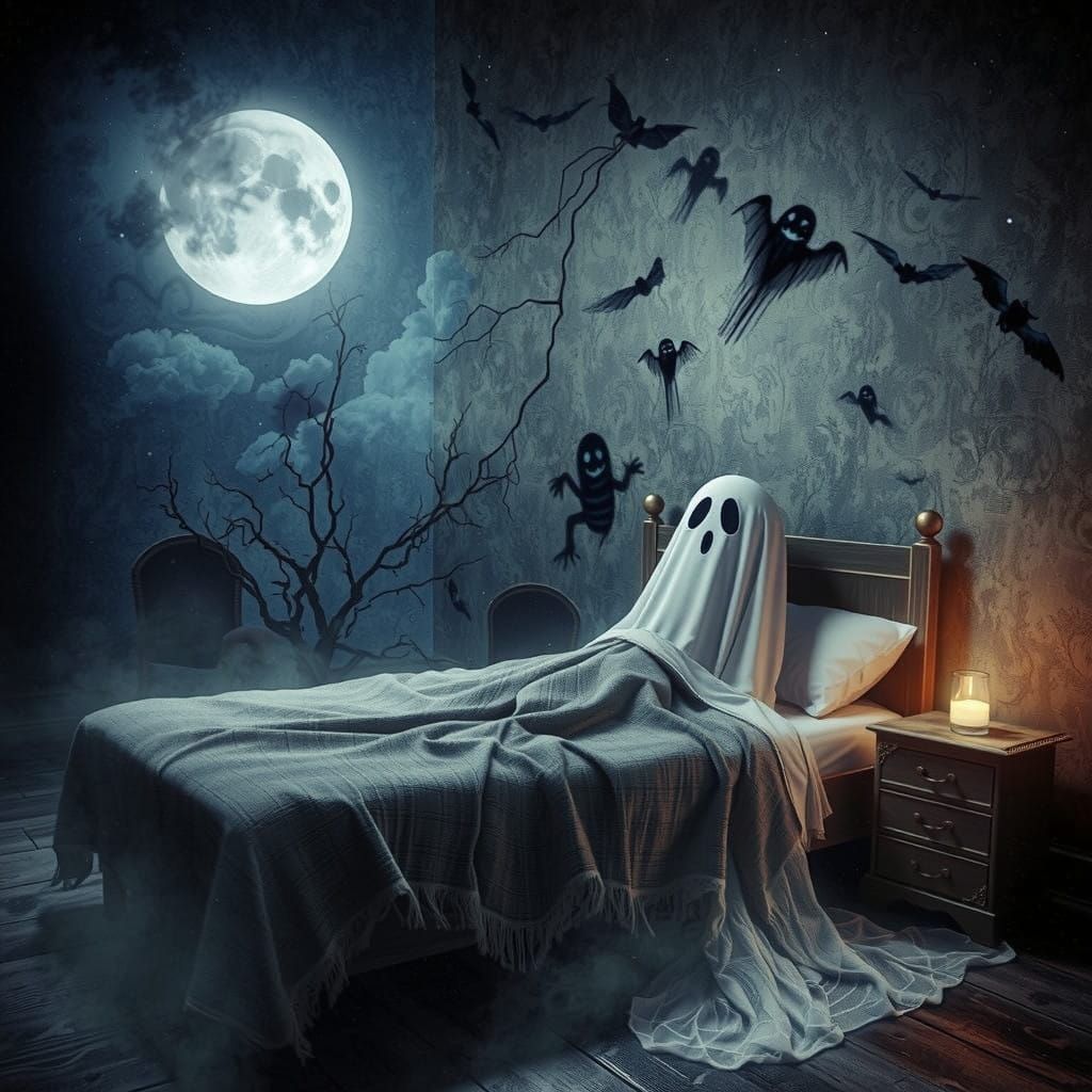 Portrait of a little ghost lying in his bed and having a nightmare ...
