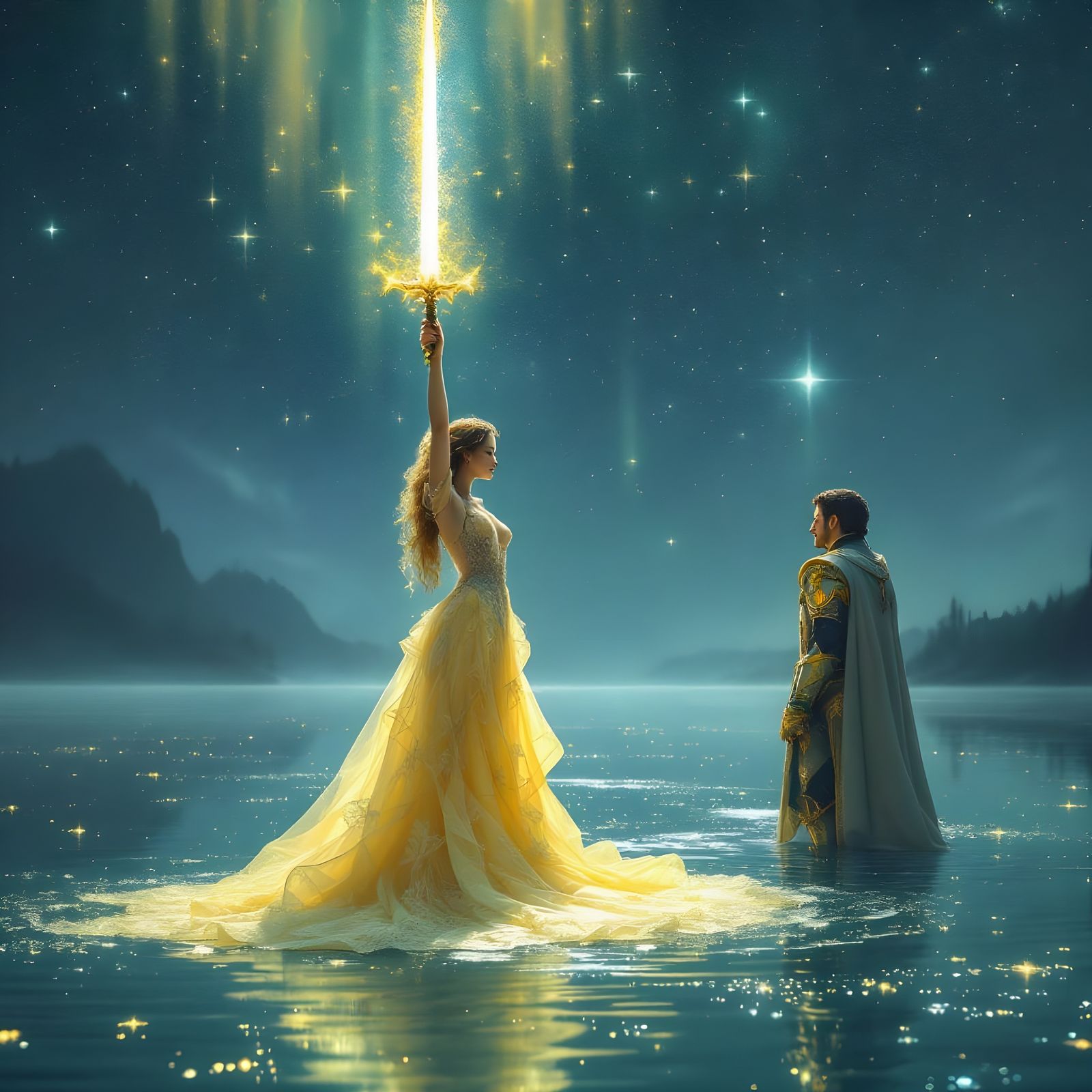 Ethereal Lady of the Lake in Celestial Gown Radiat... - AI Art